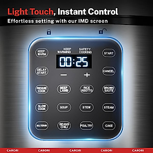 CARORI 9-in-1 Electric Pressure Cooker 6 Qt, Programmable Multi-Function Cooker with Safer Venting Design, Rice Cooker, Slow Cooker, Steamer, Sauté, Warmer & Sterilizer, 1000W, Stainless Steel