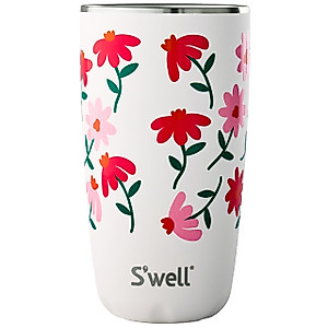 S'well Stainless Steel Tumbler with Slide-Open Lid, 18oz, Pink Daisy, Triple Layered Vacuum Insulated Containers Keeps Drinks Cold for 12 Hours and Hot for 4, BPA Free