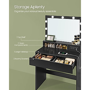 VASAGLE Vanity Desk with Power Outlets, Makeup Vanity with Mirror and Lights, with Upholstered Vanity Stool, 9 Dimmable LED Lights, 2 Compartments, 2 Drawers, for Bedroom, Ink Black URDT029B01