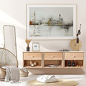 VINGLI Unfinished Natural Solid Wood Floating Nightstand for Bedroom Set of 2, Small Nightstand with Drawer & Open Shelf, Farmhouse Night Stand Wall-Mounted Bedside Table for Small Space Color DIY