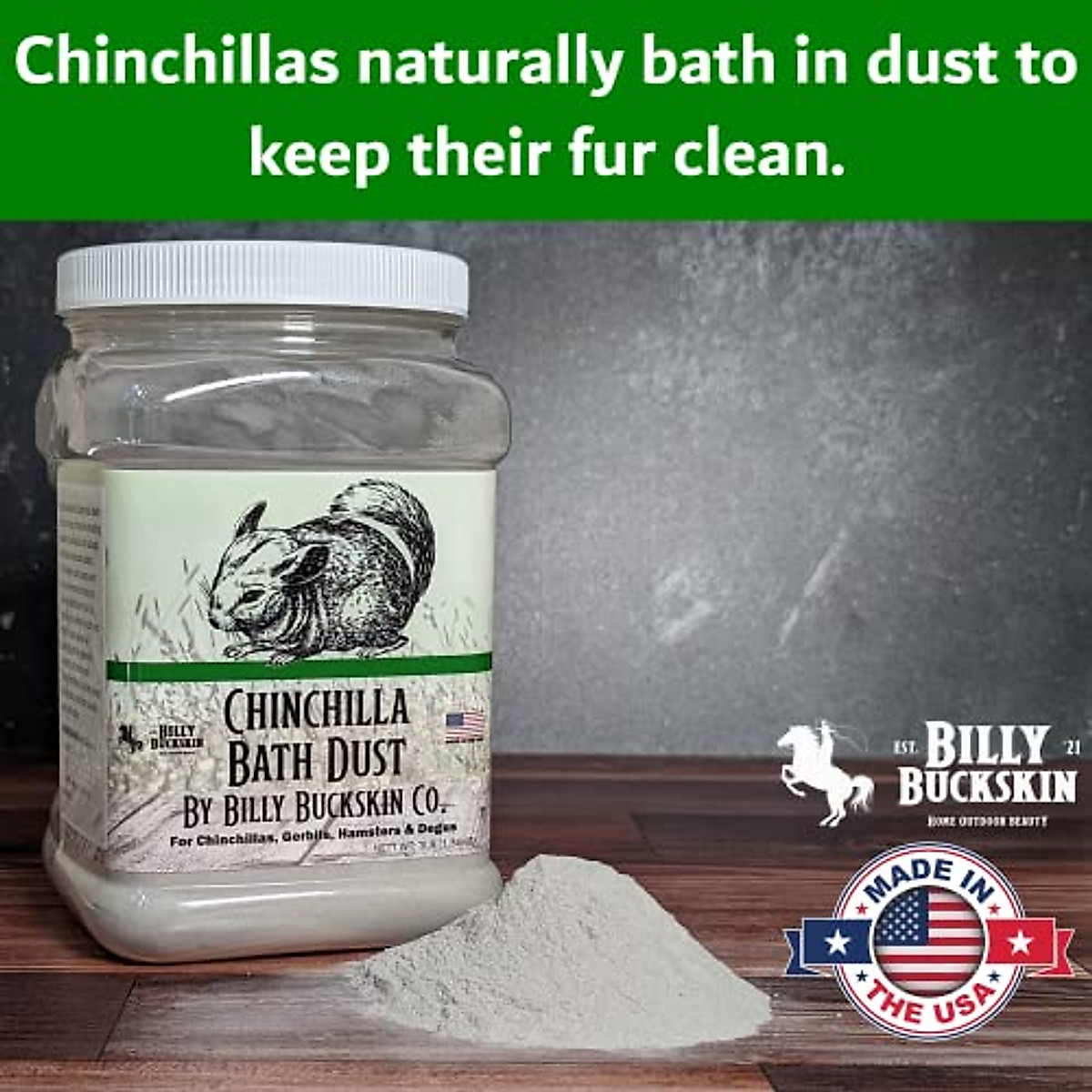 Chinchilla Bath Dust, 3 lb. Tub, All Natural Dusting Powder for Cleaning Degus, Hamsters, & Gerbils, Pure Cleansing Pumice Sand by Billy Buckskin Co