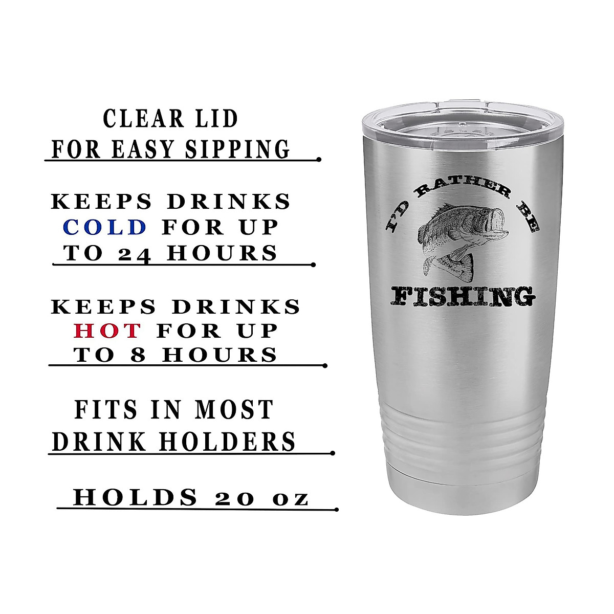 Rogue River Tactical Funny Fishing 20 Oz. Travel Tumbler Mug Cup w/Lid Vacuum Insulated Hot or Cold I'd Rather Be Fishing Bass Fishing Gift Fish (Stainless Steel)