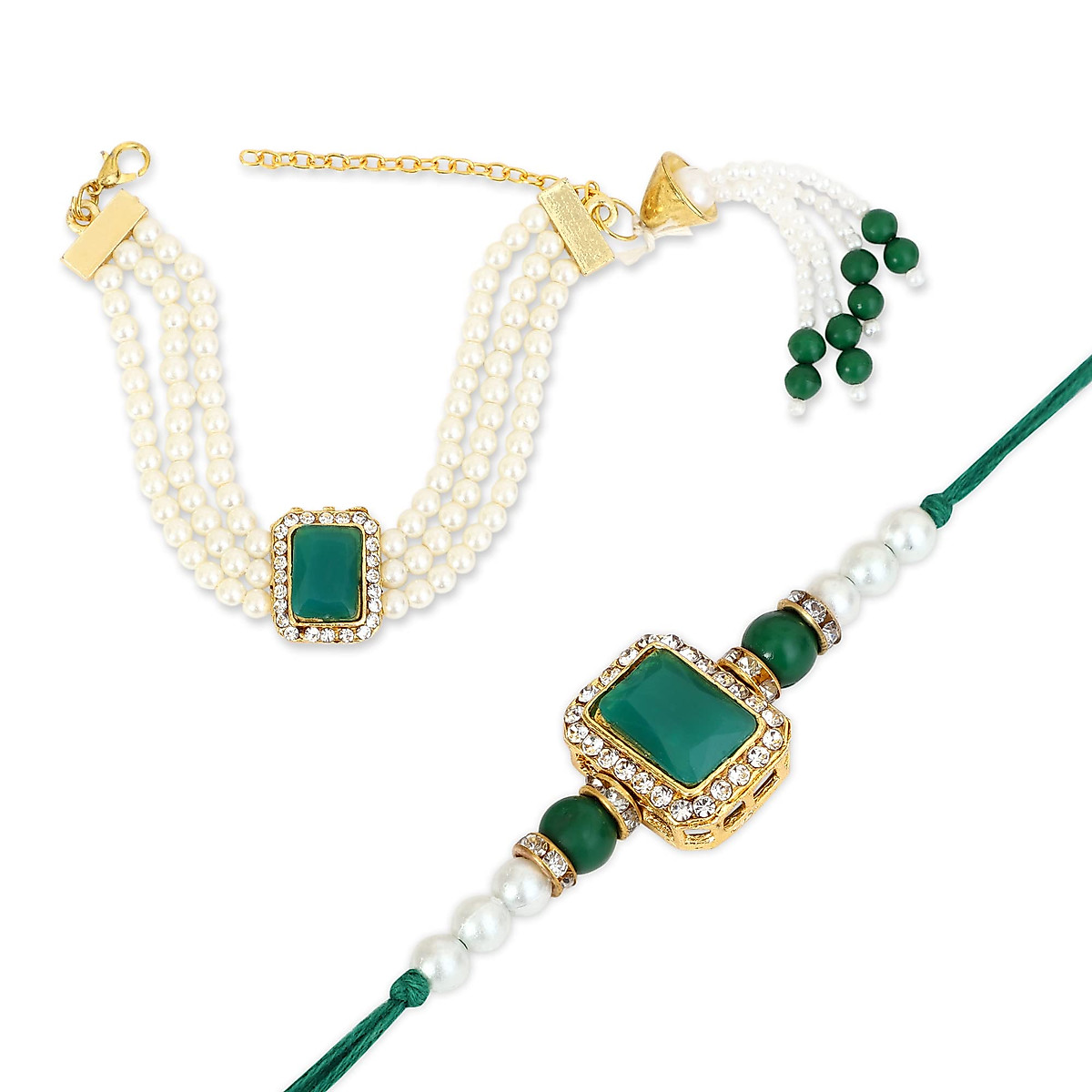 SMIZZY (RE)TOUCHING LIVES Cpmbo of Rakhi With Designer Kundan Stone Lumba Bracelet, Potli Bag, Roli Chawal And Greeting Card, Green