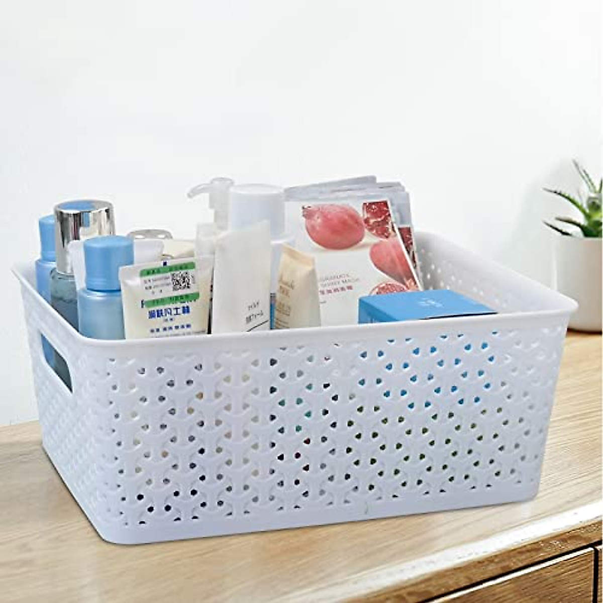 Inhouse Plastic Storage Baskets, White Plastic Bins Organizer, Set of 4