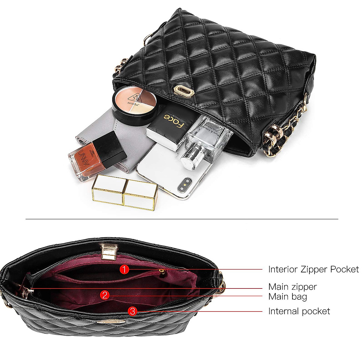 Sivim Crossbody Bags for Women Medium Size Leather Cute Crossbody Purse Shoulder Bag with Adjustable Gold Chain Strap(Medium Black)