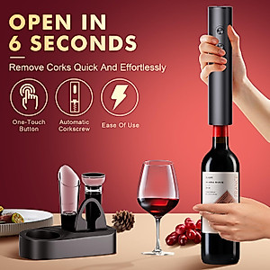 [5-IN-1] Electric Wine Opener, Battery Operated Wine Bottle Opener with Foil Cutter, Wine Aerator, Vacuum Stopper&Storage Base, Automatic Corkscrew, Ideal Wine Accessories for Wine Lovers, Matt Black