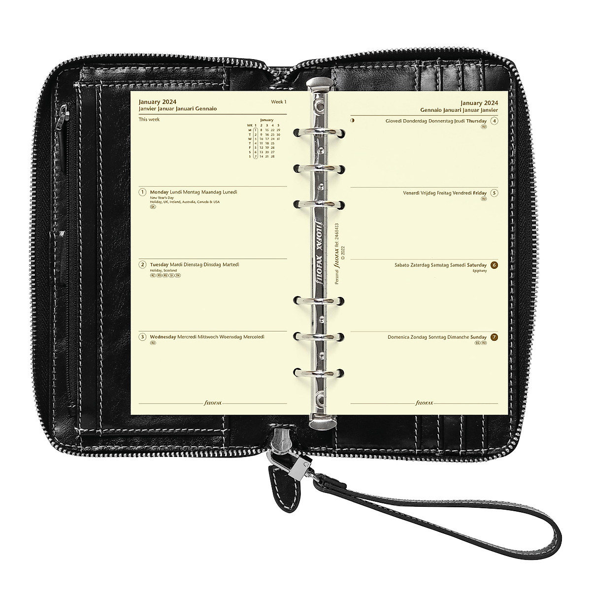 Filofax Malden Zip Organizer, Personal Compact Size, Black - Tactile, Full-Grain Buffalo Leather, Six Rings, with Cotton Cream Week-to-View Calendar Diary, Multilingual, 2024 (C022630-24)