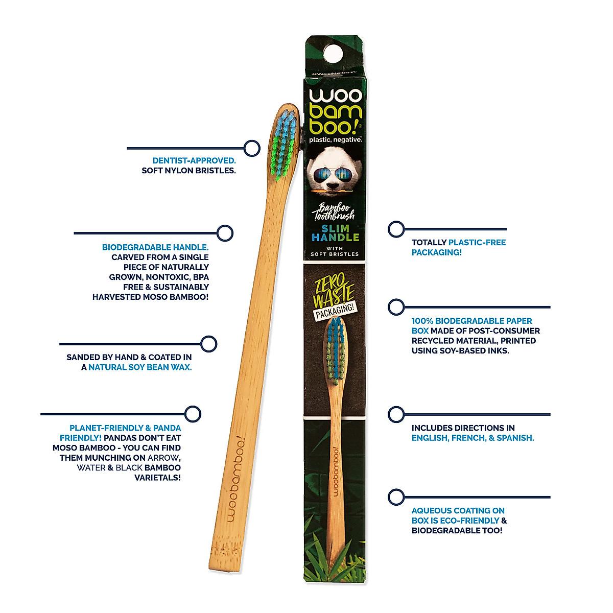 Woobamboo! Bamboo Toothbrush - Slim Handle - Soft Bristle - BPA Free Nylon Bristles - Eco-Friendly, Biodegradable, Compostable, Vegan (Pack of 4)