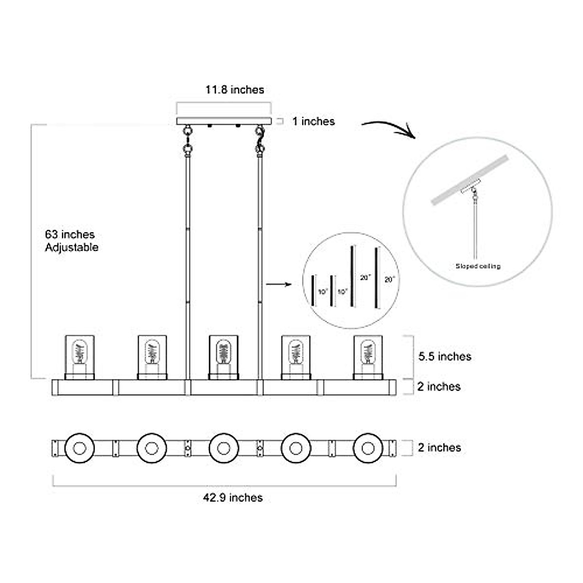 Farmhouse Chandeliers for Dining Room, 5-Light Kitchen Island Lighting, Rectangle Wood Chandeliers with Seedy Glass Shades