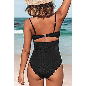CUPSHE Women's One Piece Swimsuit Sexy Black Cutout Scallop Trim Bathing Suit, L