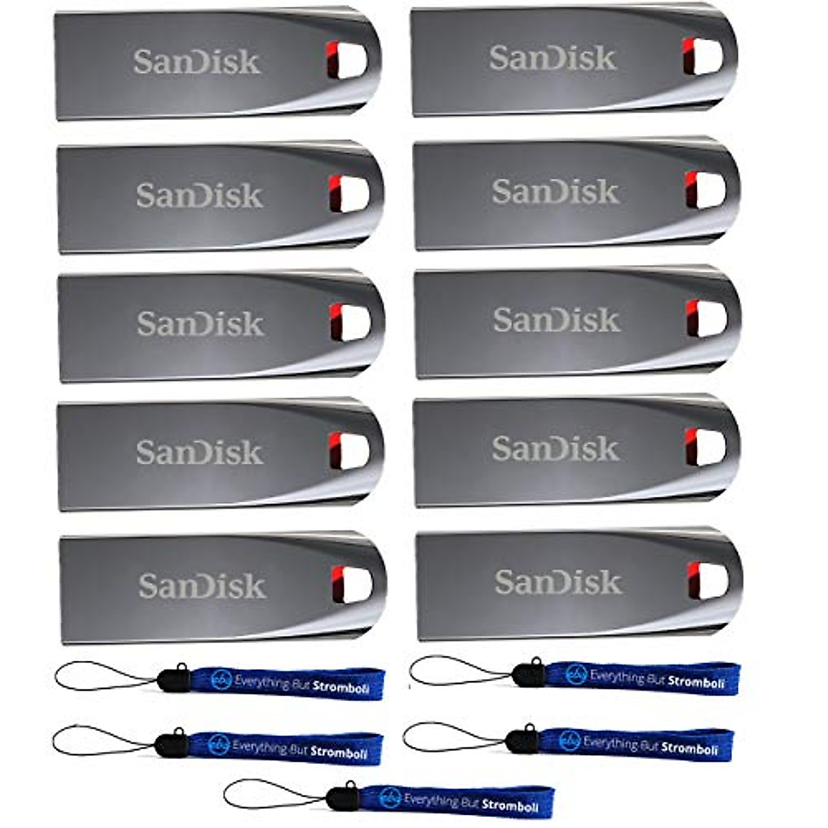 SanDisk 32GB (Ten Pack) Cruzer Force Flash Drive USB 2.0 32G SDCZ71-032G-B35 Bundle with (5) Everything But Stromboli Lanyard