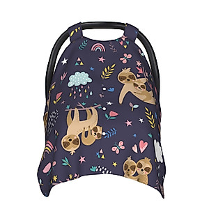 Rutiea Cute Cartoon Sloths Rainbow Car Seat Cover for Babies, Peekaboo Opening Minky Carseat Canopy Stroller Cover for Newborn, Mom Nursing Breastfeeding Covers, Blanket for Infant Toddler