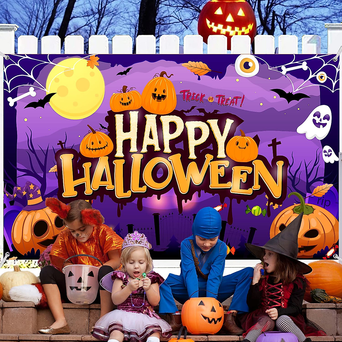 tineit Happy Halloween Backdrop, Large 71" X 43" Happy Halloween Banner, Halloween Backdrops for Photography, Halloween Backdrop for Kids Outdoor Halloween Party Decorations