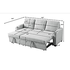 Melpomene Convertible Sectional Sofa Couch Pull Out Bed Sleeper Sofa with Storage 3 Seater L Shaped Couch Linen Upholstered Fabric Corner Sofa with 2 Cupholders for Living Room (Grey)