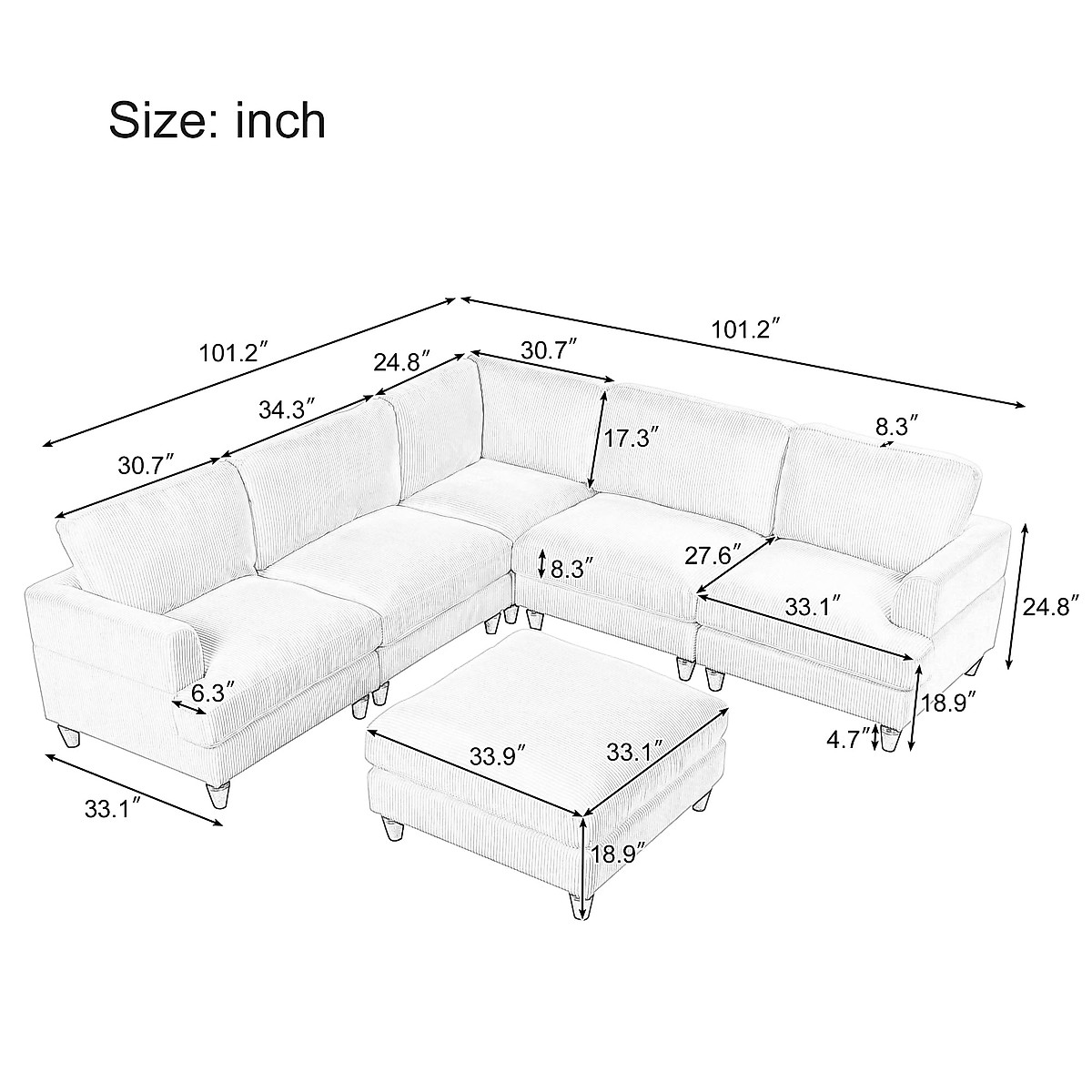 Eafurn L Shaped Modular Sectional Reversible Chaise and Ottoman, Corduroy Symmetrical Corner, Oversized Convertible Sleeper Sofa & Couch Bed for Living Room, Beige 6 Seater
