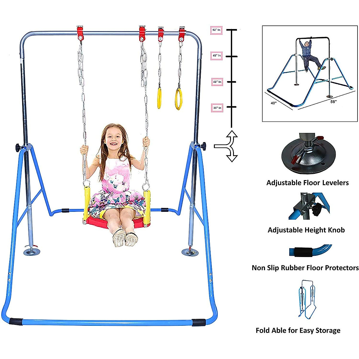 Gymnastics Training Bar for Kids Home Expandable Folding Kip Bar 4 in 1 Set with Swing Seat, 2 Trapeze Rings | Horizontal Bar Junior Gymnastic Equipment Height Adjustable Monkey Bars Jungle Gym Blue