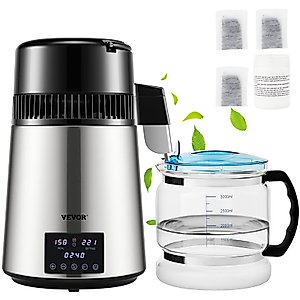 VEVOR 1.1Gal Water Distiller, 0.4Gal/H, Distilled Water Maker Machine 1750W 0-99H Timing Dual Temp Display, 304 Stainless Steel Countertop Distiller Glass Carafe Cleaning Powder 3 Carbon Packs, Silver
