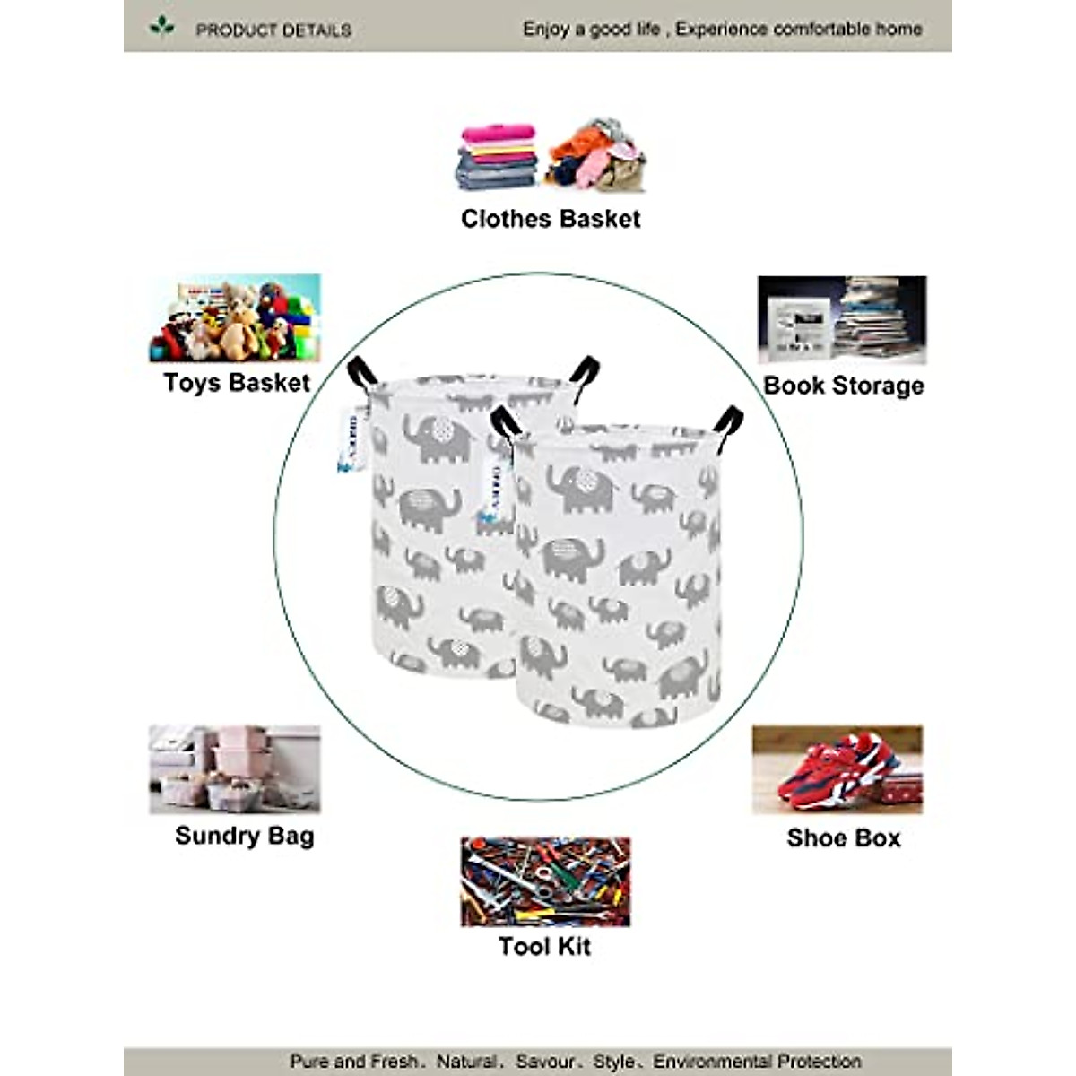 ONOEV 2 Pack Round Fabric Storage Bin,Decorative Basket,Organizer Basket with Handles,for Clothes Storage,books and sundries (2 Pack grey elephant)