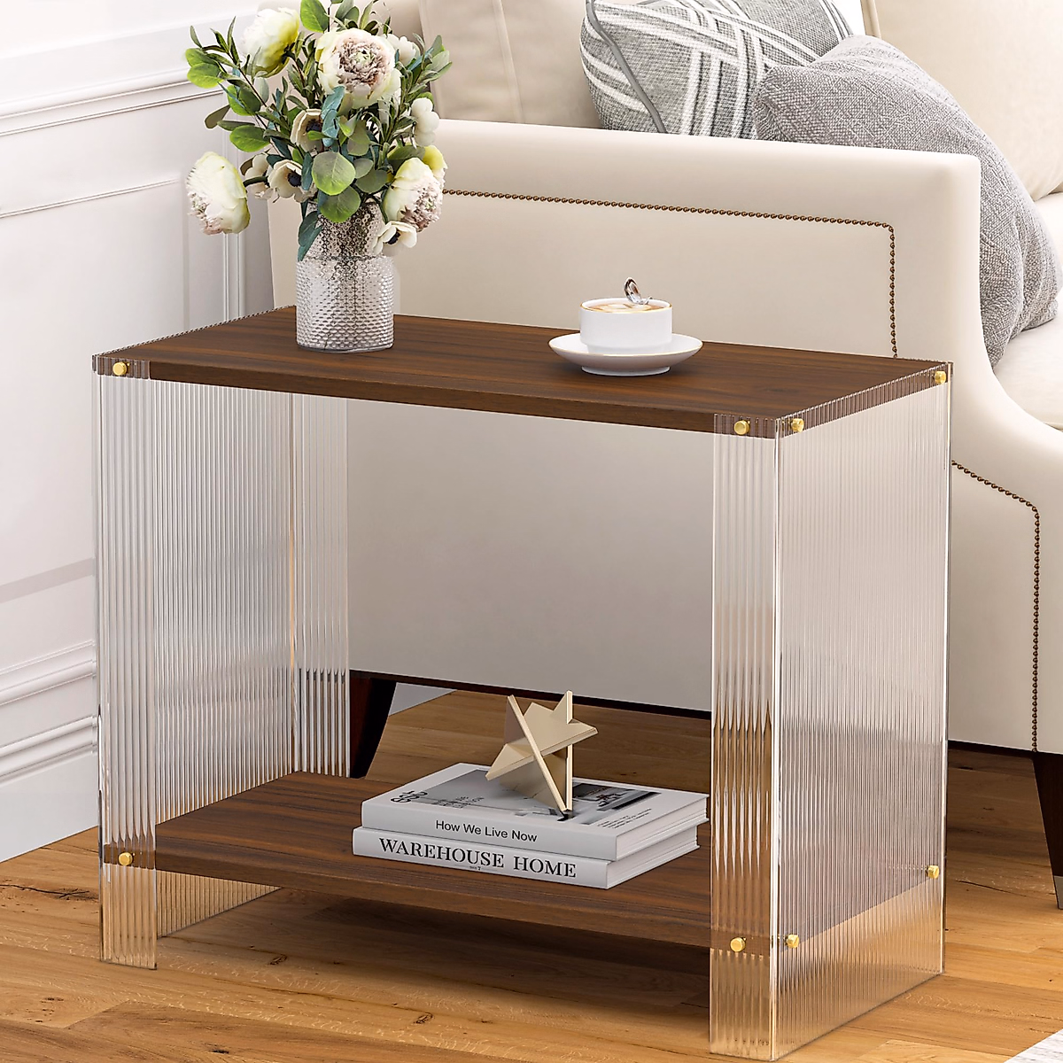 HaiQiwawo Walnut Narrow End Table, Modern Acrylic Sofa Side Table, Small Accent Table, 2-Tier Nightstand Bedside Table for Small Space Bedroom Hallway (Walnut Rectangle Shape)