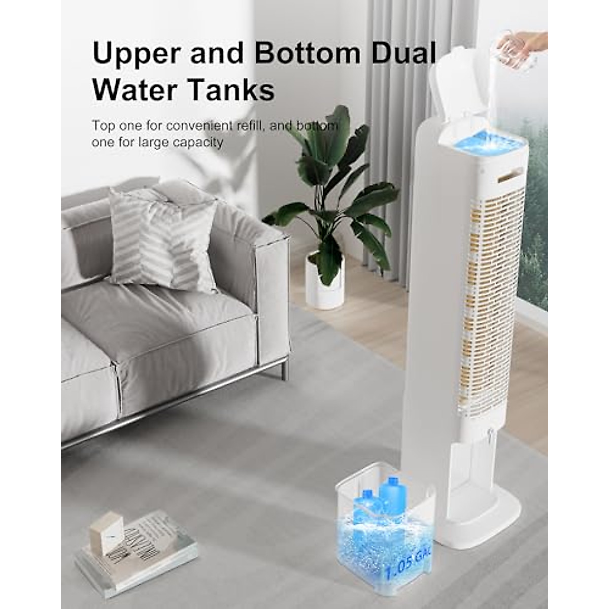 Uthfy 41" Swamp Cooler, Evaporative Air Cooler With 4 Ice Packs And Remote, 80° Oscillation 3 Speeds 3 Modes, Cooling Fan That Blow Cold Air, Bladeless Tower Fan For Bedroom Home Office