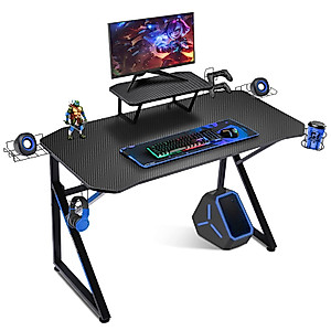LUCKRACER Gaming Desk,39 Inch Gaming Table,K Shaped Computer Desk with Monitor Stand,Home Office Desk with Hook,CD/Gamepad Holder,Cup Holder and Speaker Holders Blue