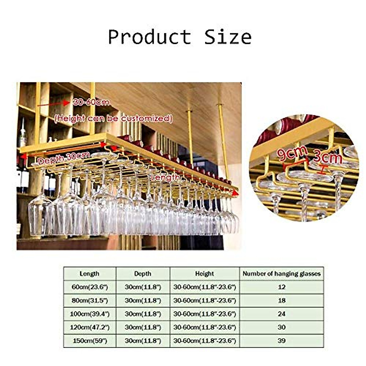 HLL Wine Racks,Wine Glass Rack Hanging, Height Adjustable Ceiling Wine Bottle Holder for Bar Champagne Storage Rack 5 Sizes,Gold,L-120Cm