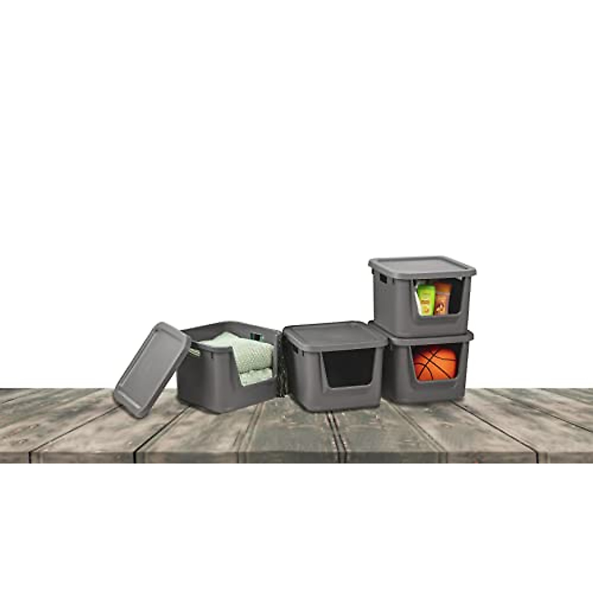 SEDLAV Square Stacking Bin Plastic, Gray Flannel, Set of 4
