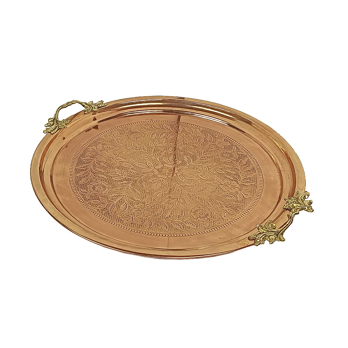 Hammered Copper Serving Tray with Brass Handle - Decorative Round Coffee Table Tray - Multi-Purpose Kitchen Food Tray Decorative for Breakfast, Dinner, and Parties, 14 Inch (Flower Design)