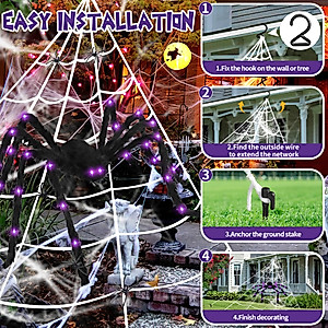 Spider Webs Halloween Decorations, 59'' Light-up Giant Spider + 236'' Giant Triangular Spider Web + 0.08lb Stretch Cobwebs for Indoor and Outdoor Patio Party Haunted House Decoration(Black Plush)