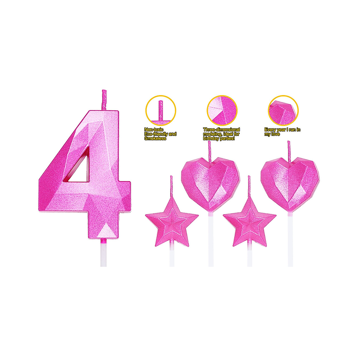 Pink Number 4 Candles and Star Heart Candles 2.76 inch Number Candles for Birthday Cakes 3D Diamond Shaped for Cake Decorations(Pink Candle 4)