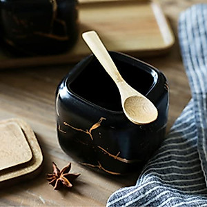 Dicunoy Ceramic Salt and Sugar Container, Condiment Jars with Lids and Spoons, Marble Seasoning Spice Pots Bowl, Pepper Sellar with Wooden Tray for Serving, Counter, Home, Kitchen