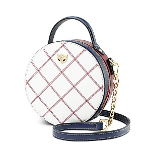 Leather Circular Handbags for Women, Genuine Leather Ladies Round Crossbody Bags with Adjustable Chain Strap Small Women's Fashion Shoulder Bags Mini Girls Leather Messenger Bags Satchel Purses(White)