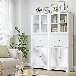 HOSTACK 67” Tall Kitchen Pantry Cabinet, Bathroom Storage Cabinet with Glass Doors and Shelves, Freestanding Floor Cabinet Cupboard for Bathroom, Living Room, Home Office, White