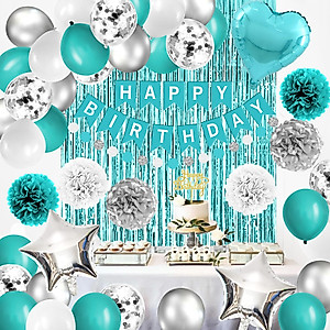 Iyosll Teal Blue and Silver Birthday Party Decorations Happy Birthday Banner Turquoise Aqua Teal Balloons Tissue Pom Poms Foil Fringe Curtain Décor Supplies for Women Girls boys men