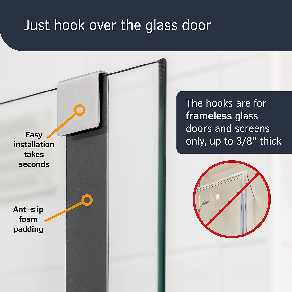 SimplyHooks 8" Shower Door Hooks, Silver, 2 Pack, Shower Towel Hook, Shower Door Hook for Frameless Glass Shower Door 3/8"(10mm)