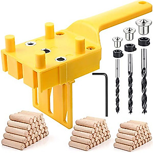 101 Pcs Handheld Woodworking Dowel Jig Kit Wood Dowel Drilling Guide Set for 1/4, 5/16, 3/8 Inch Drill Guide Metal Sleeve with Wood Dowel Pins Drill Bit Dowel Joints Drilling Guide Tools(Yellow)