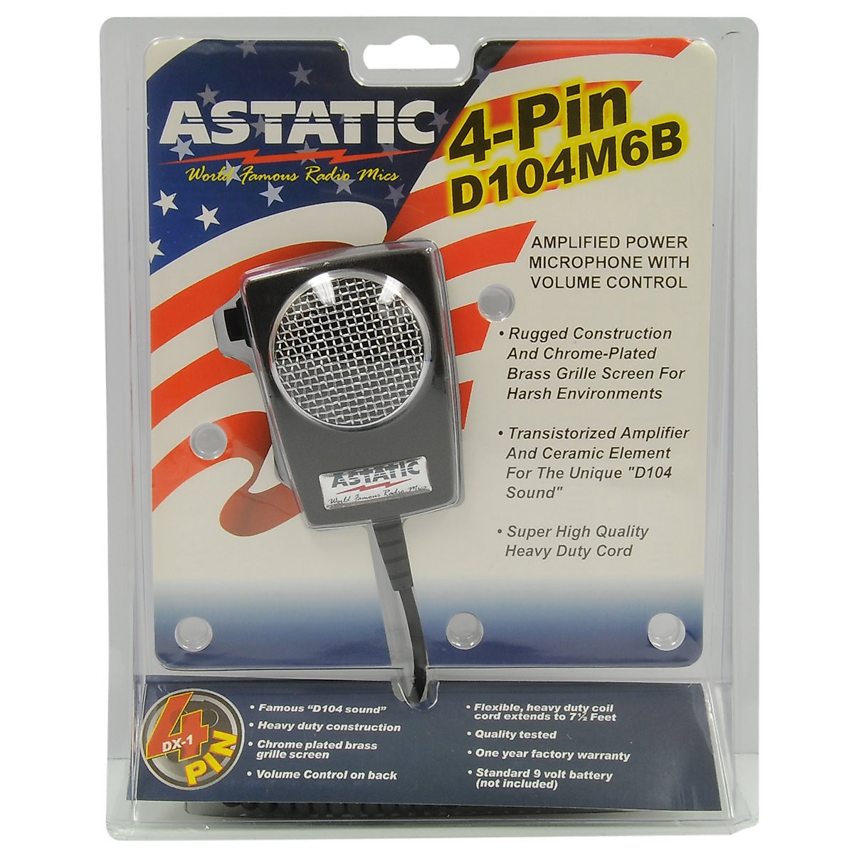 Astatic 302-10005 D104M6B Amplified Ceramic Power 4-Pin CB Microphone, Black