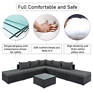 XD Designs 8-Pieces Outdoor Patio Furniture Sets, All Weather PE Wicker Sectional Sofa Set with Tempered Glass Table, Garden Conversation Set with Comfortable Cushion (Gray Cushions)
