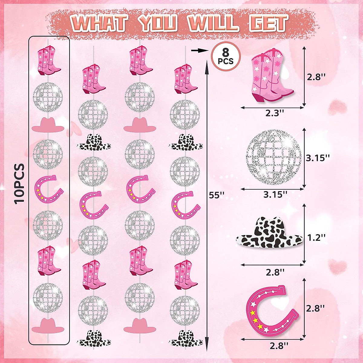 8 Pcs Cowgirl Bachelorette Party Decorations Glitter Cowgirl Disco Ball Garland String Western Cowgirl Party Hanging Decorations Cow Girls Hanging Swirls