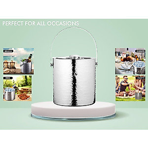 Ice Bucket With Lid, Insulated Hammered Ice Bucket for Cocktail Bar with Ice Tong, Double Walled Stainless Steel, 1.75 L, 1.84 Quarts, Ice Cold For 6 h with Handle (Silver Hammered)