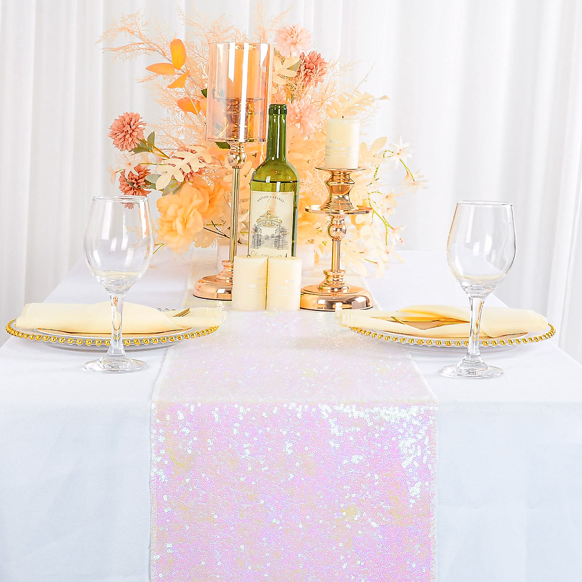 ShinyBeauty Sequin Table Runner 108 Inches Long Pack of 5 Iridescent Sequin Table Runner Christmas Decor Glitter Runner Tablecloth Hemstitch Table Runners for Baby Shower(12x108 x5pcs)
