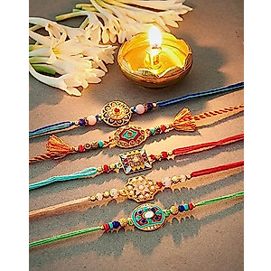 Eximious India Set of 5 Rakhi For Brother With Card Metal Pendant For Raksha Bandhan Designer Rakhi Thread for Bhaiya (Set of 5-2)