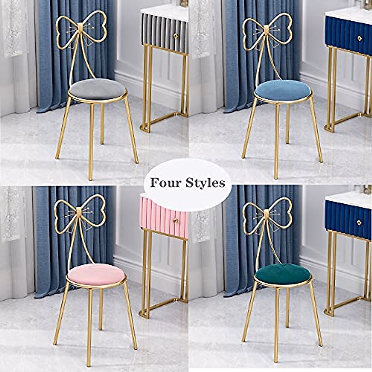 DUANY STORE Makeup Vanity Girl Chairs Stool for Bedroom with Bow Knot Backrest,Side Table Seat Dressing Chair with Golden Metal Leg,Velvet Cushion for Girl Daughter Room