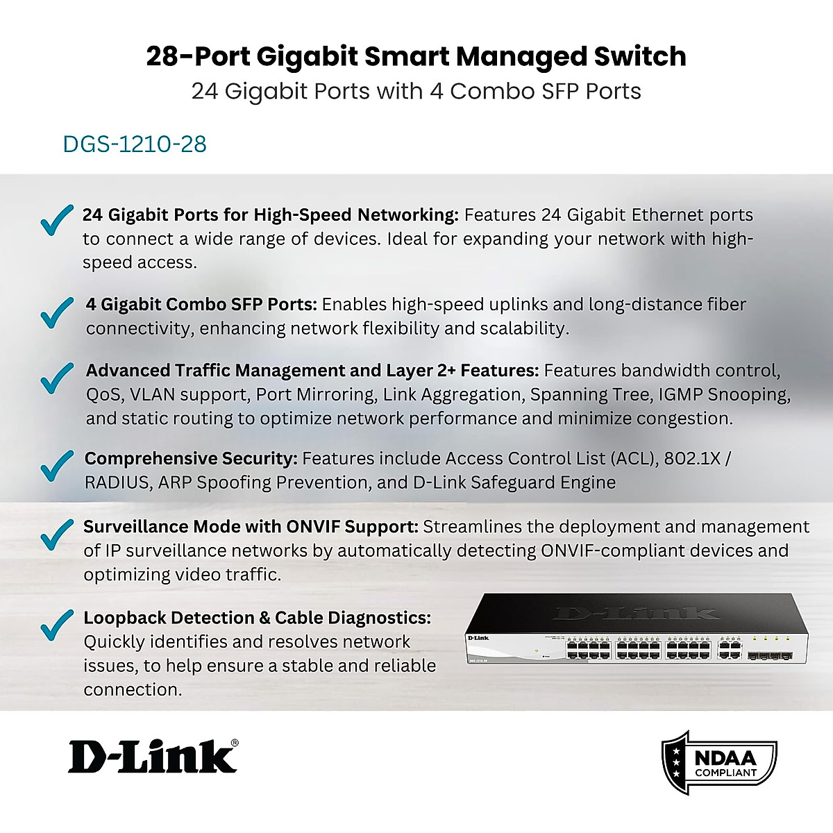 D-Link 28-Port Gigabit Smart Managed Switch | 24 GbE + 4 SFP Combo Ports | L2+ | VLANs | Cable Diagnostics | Web UI | Rackmount | Fanless | NDAA Compliant | Lifetime Warranty (DGS-1210-28)