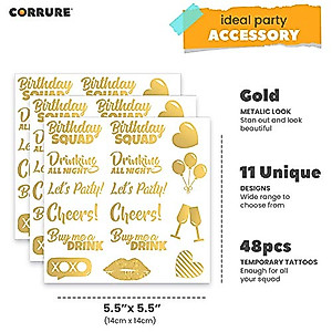CORRURE 48pcs Birthday Tattoos - Gold Temporary Tattoos Metallic for Women and Men - Happy Birthday Squad Tattoos for Girls, 18th 21st 25th 30th or Any Adult Bday - 11 Flash Party Tattoos