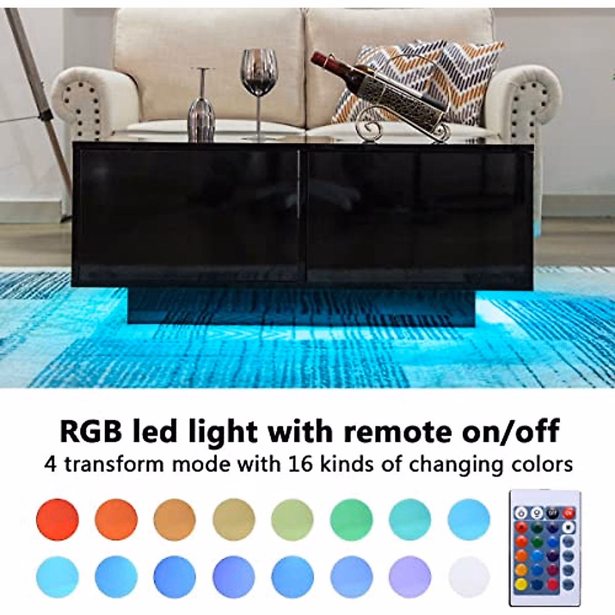 LED Coffee Table with Storage Drawers, High Glossy Coffee Table with LED Lights for Living Room, Modern Living Room Center Table Rectangular, Black (Style1, Black)