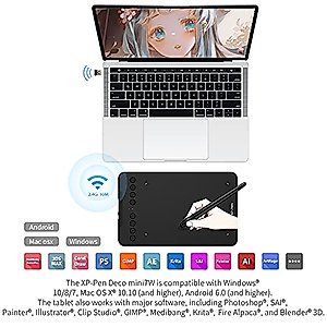 Wireless Drawing Tablet XPPen Deco mini7W Graphic Tablet Pen Tablet with 8192 Levels Pressure, 7 x 4 inch Artist Tablet for Online Teaching/E-Learning Compatible with Window/Mac/Android/Chrome/Linux