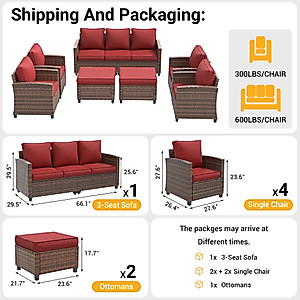 VONZOY Patio Furniture Set, 7 Pieces Outdoor Sectional Sofa Couch with Chairs, Ottomans and Comfy Cushions, All Weather Wicker Rattan Patio Conversation Set for Garden Backyard Wine Red