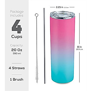 FineDine Insulated Skinny Stainless Steel Tumbler Set - 4-Pack 20oz Tumbler with Straw - Travel Mug With PBA Free Lids - Slim Vacuum Keep Hot and Cold - For Home, Office. (Pacific Blue Rose Blend)