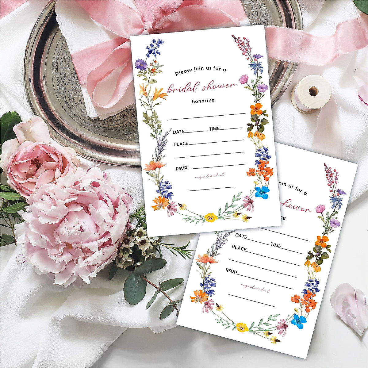 25 Bridal Shower Invitation Cards With Envelopes - Wild Flowers - Floral Circles Double-Sided Fill In Style Invites For Newlyweds, Wedding & Bridal Shower Celebration, Party Favor & Decorations - B13